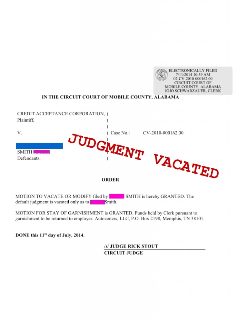 Court Order Reversing Default Judgment